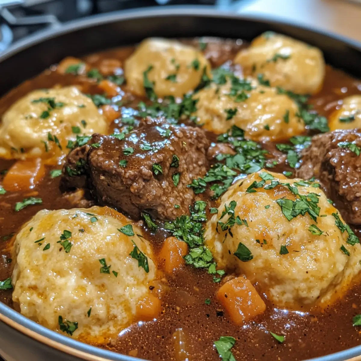 Hearty Beef Stew with Cheddar Herb Dumplings to Savor